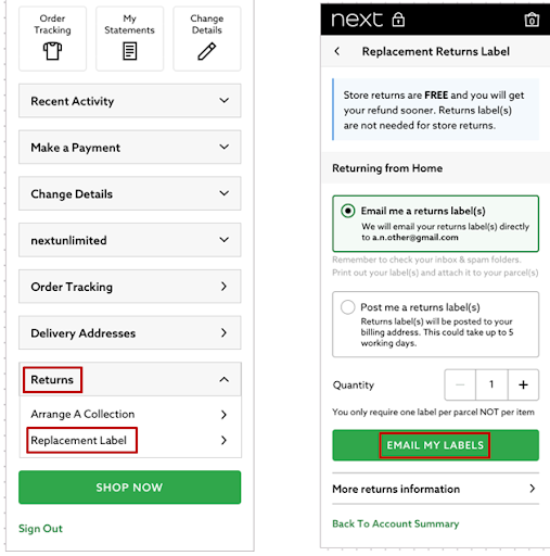 Request a replacement returns label – Next - Mobile App